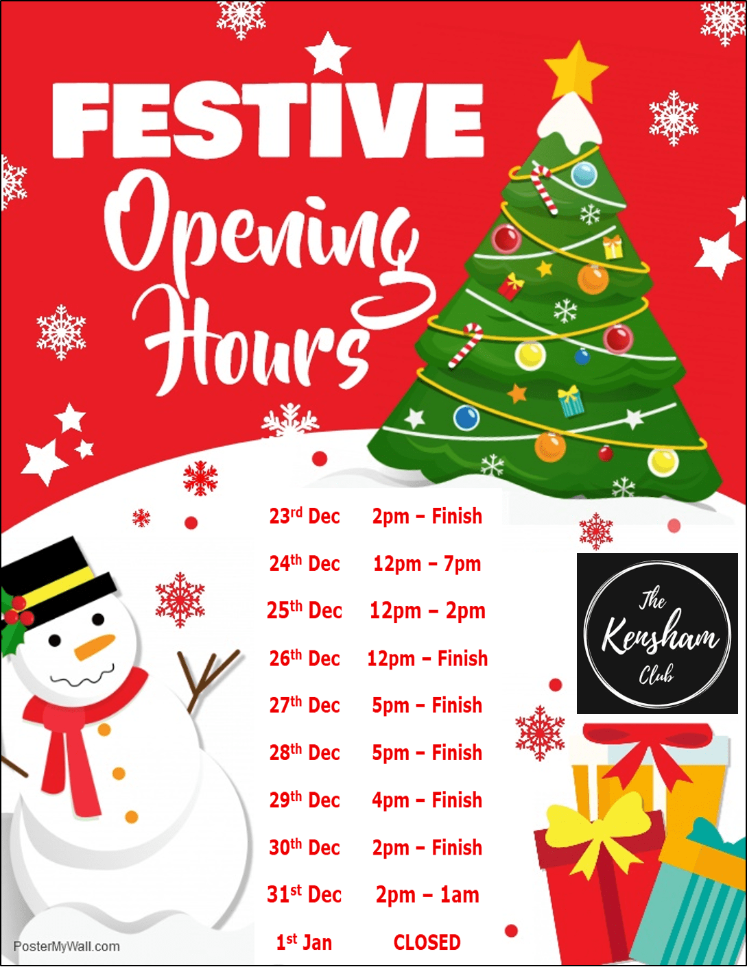 Festive Opening Hours - Bradninch & Kenisbeare CC